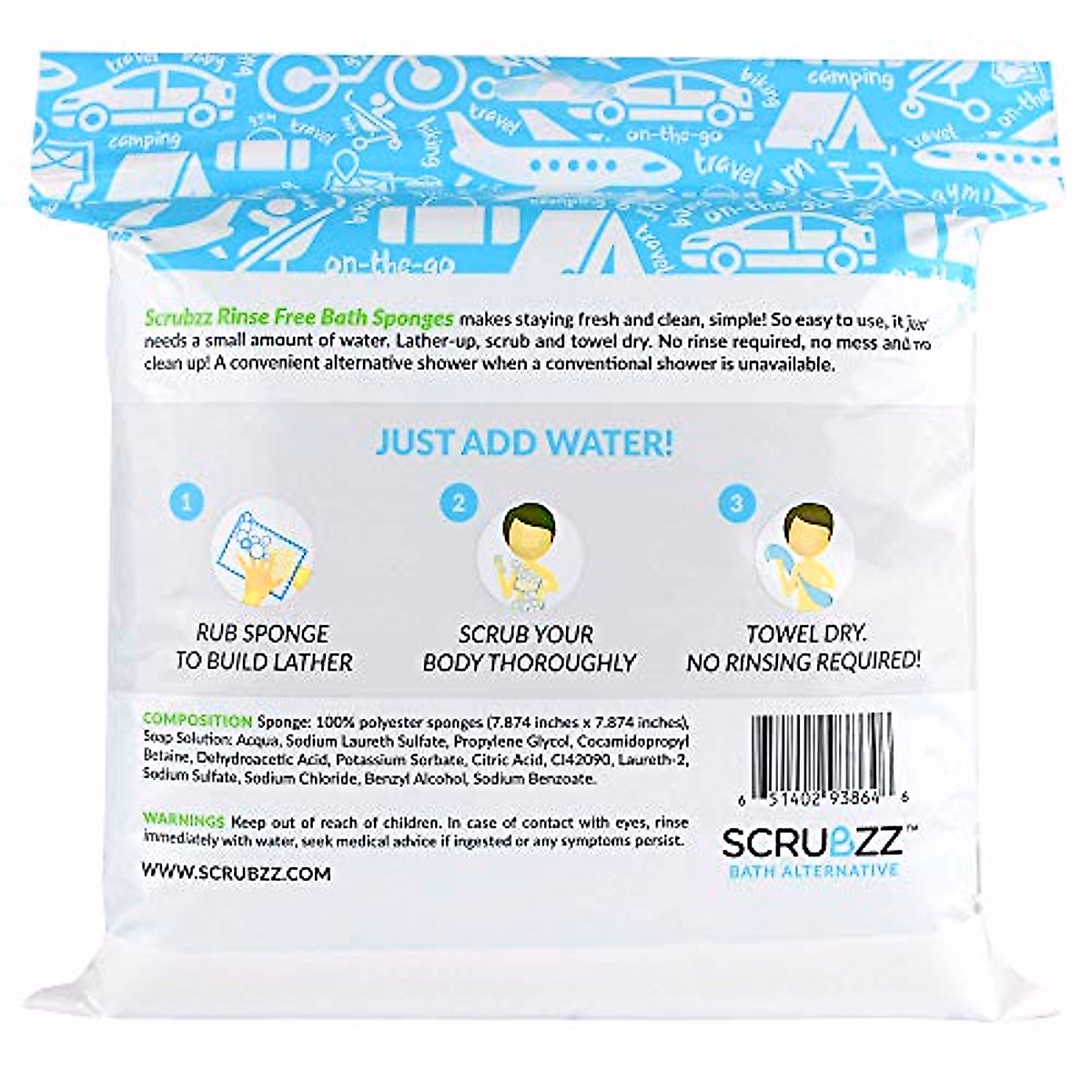 Scrubzz Disposable Rinse Free Bathing Wipes - 25 Pack - All-in-1 Single Use Shower Wipes, Simply Dampen, Lather, and Dry Without Shampoo or Rinsing