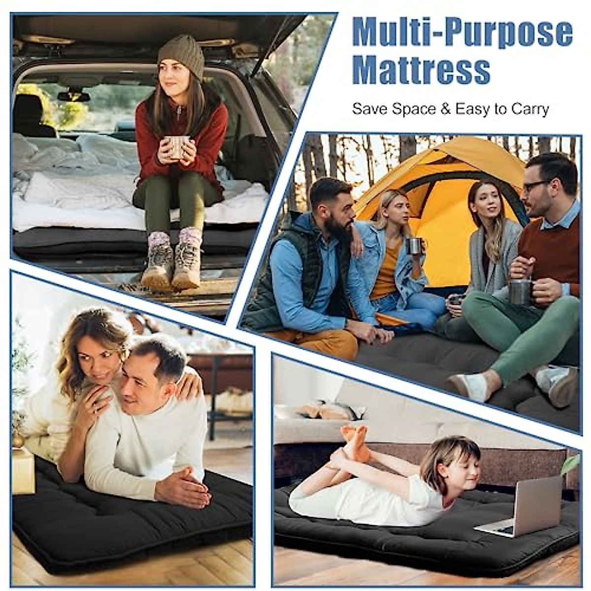 Natsukage Futon Mattress Tatami Mat Folding Mattress Camping Mattress Kids Play Mat Thicken Sleeping Mattress for Floor Folding Mattress, Full Size, Black