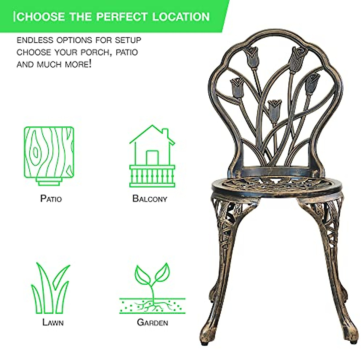 Patio Premier 217005 3pc Outdoor Tulip Garden Bistro Set, Cast Iron and Aluminum Frame, Bronze