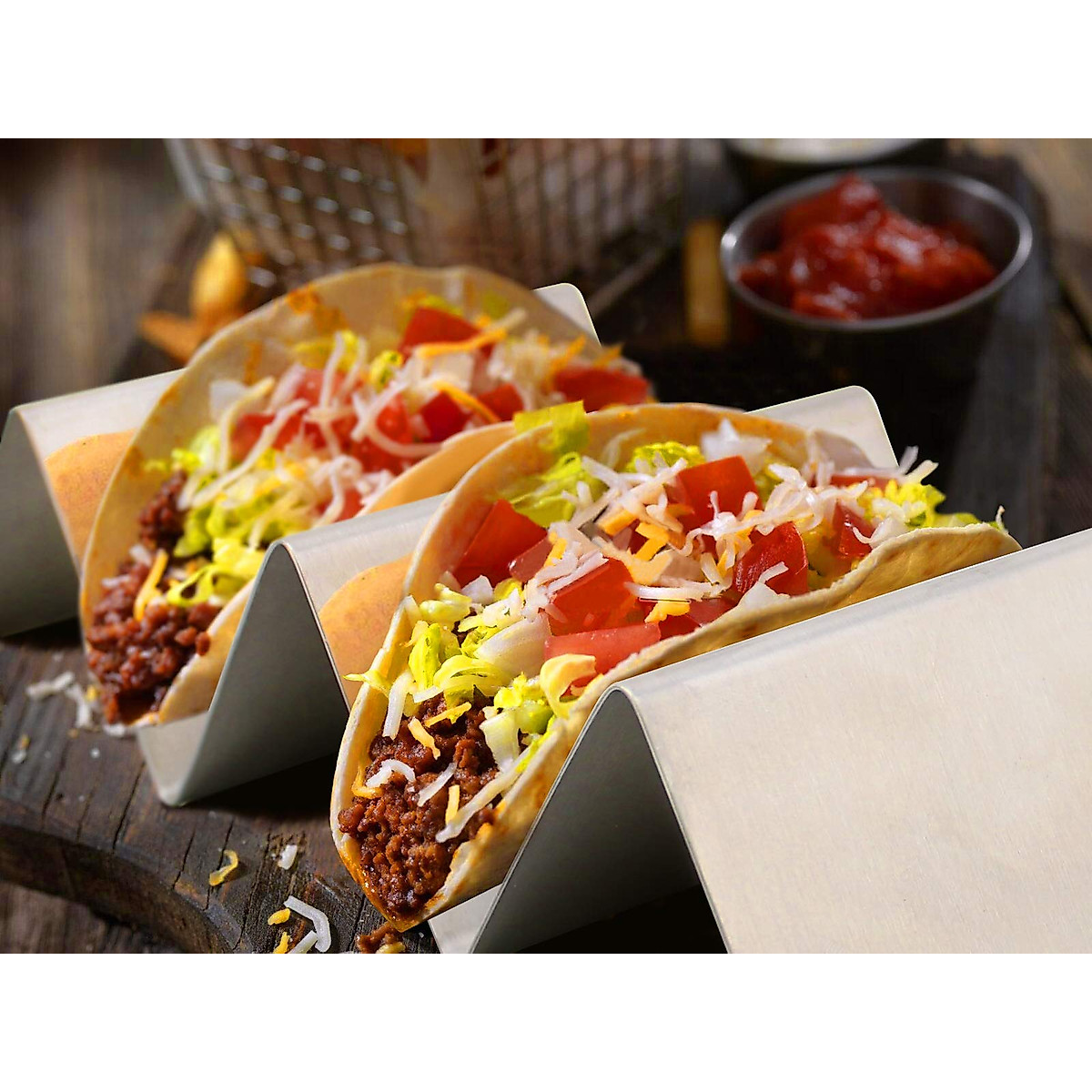 KORCCI Taco Holders Set of 4, Stainless Steel Taco Stand Shell Rack, Each Rack Holds Up to 3 Tacos. Taco Tray Plates for Taco Bar, Easy Serve Tacos. Oven and Grill Safe for Baking, Dishwasher