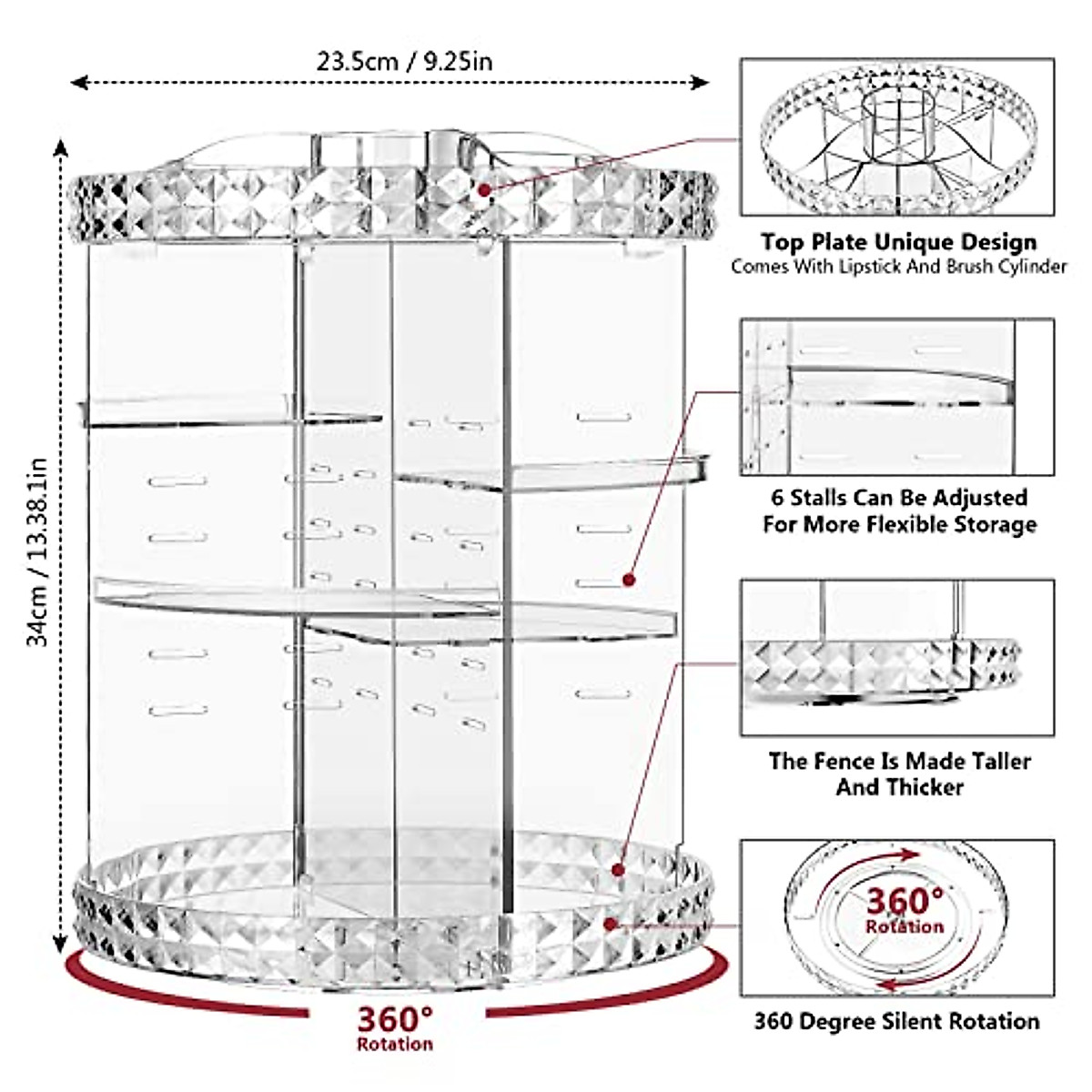 360 Rotating Makeup Organizer Set, Organizador De Maquillaje Perfumes, Clear Acrylic Cosmetic Display Cases, Spinning Cosmetic Storage Box for Vanity, with Makeup Brush Holder Travel Case Silicone