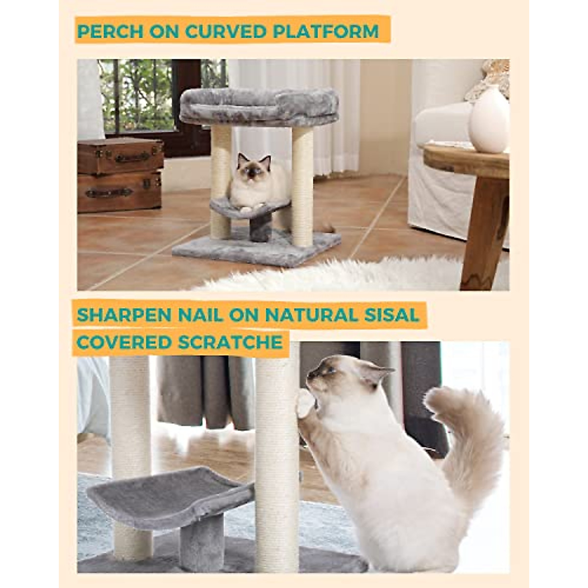 PETEPELA Cat Scratching Post, Cat Tree Tower for Indoor Cats, Cat Scratcher with Large Plush Top Perch Bed, Cat Post and Curved Platform