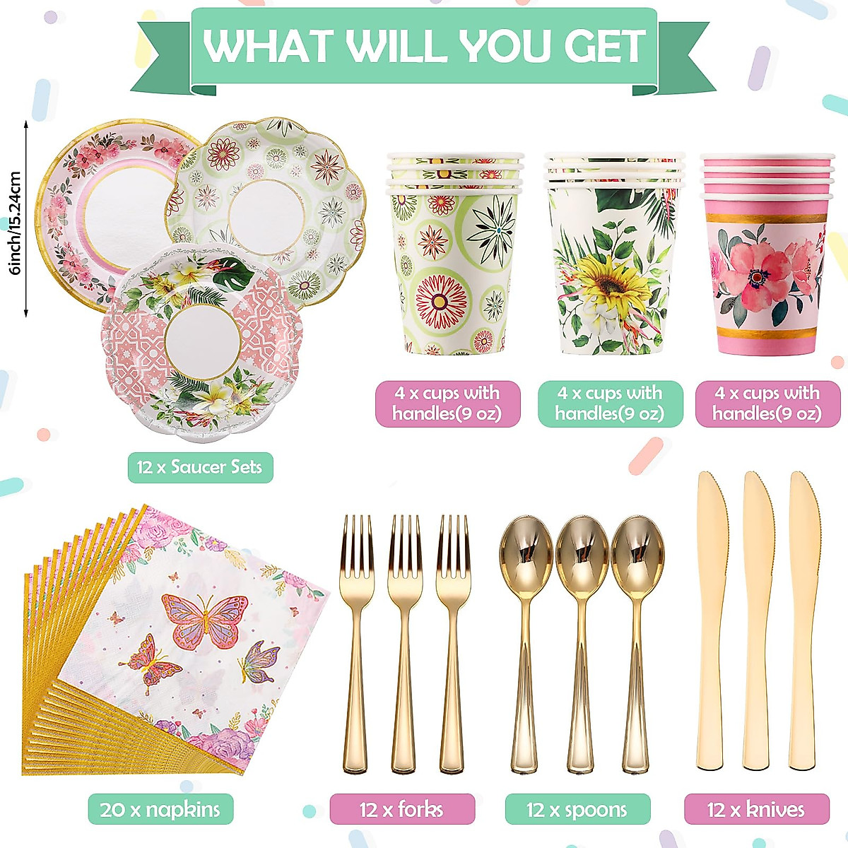 Layhit 83 Pcs Tea Party Decorations Include Disposable 12 Sets 9 Oz Paper Tea Cups with Handle and Saucers Floral Napkins 3 Tire Cake Stand Tea Serving Platter Tableware for Girl's Birthday