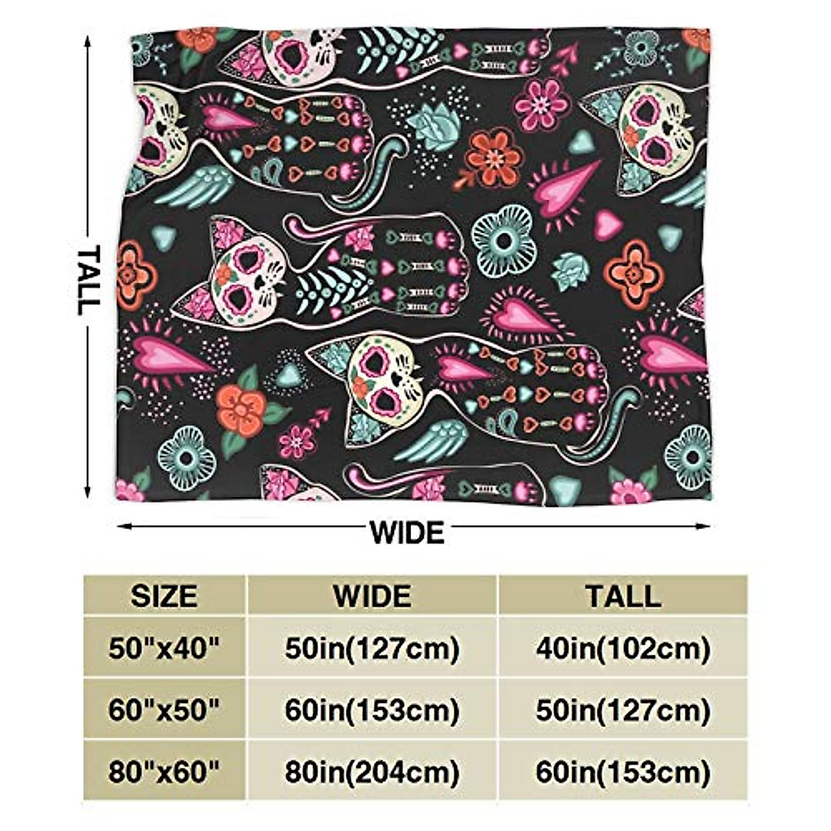 Day of The Dead Cat Kitten Sugar Skull Throw Blanket Soft Lightweight Durable Flannel Fleece Blanket 50"X40" for Bed Sofa Couch Camping Travel