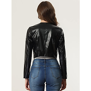 Allegra K Faux Leather Jacket for Women's Long Sleeve Short Coat Moto Biker Cropped PU Jackets X-Small Black