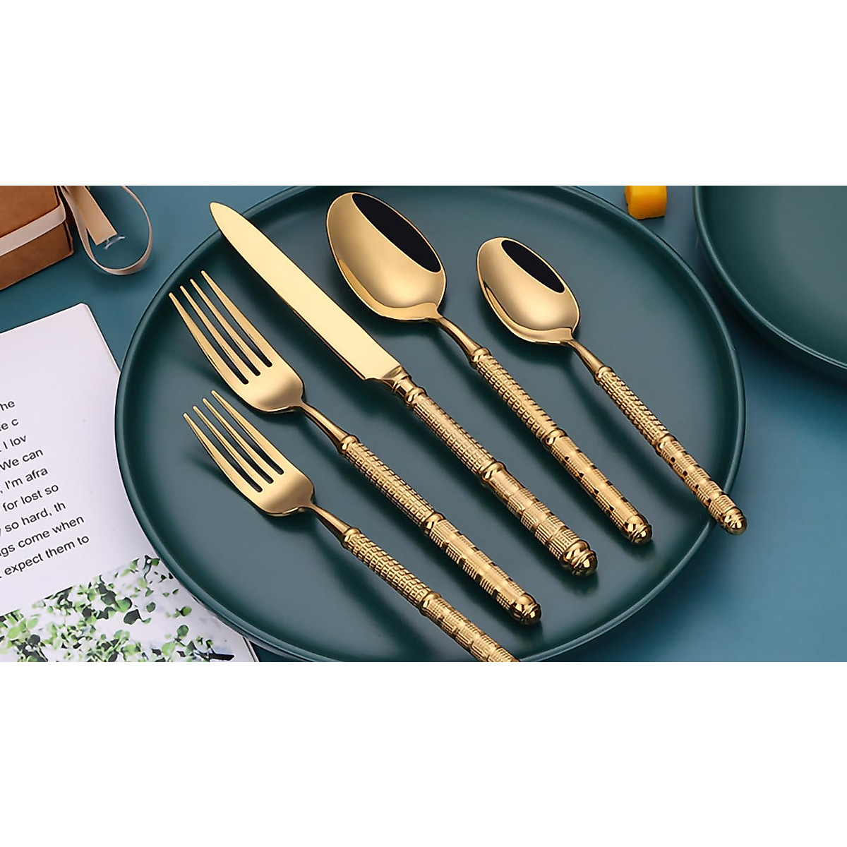 BLEWAR 5-Piece Vintage Gold-Plated Silverware Set for 1 - Elegant Flatware Cutlery Set 18/10 Stainless Steel Tableware Kitchen Utensil Dinnerware Set