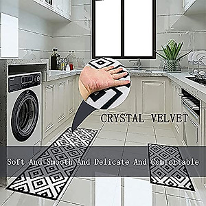 DISAKJ Kitchen Rugs and Mats Non Skid Washable Non-Slip, White and Black Area Kitchen Floor Mats Rug , Backing Mat for Doorway Mats Runner Rug Set, Geometric Design (20 x 63+20 x 31inch)