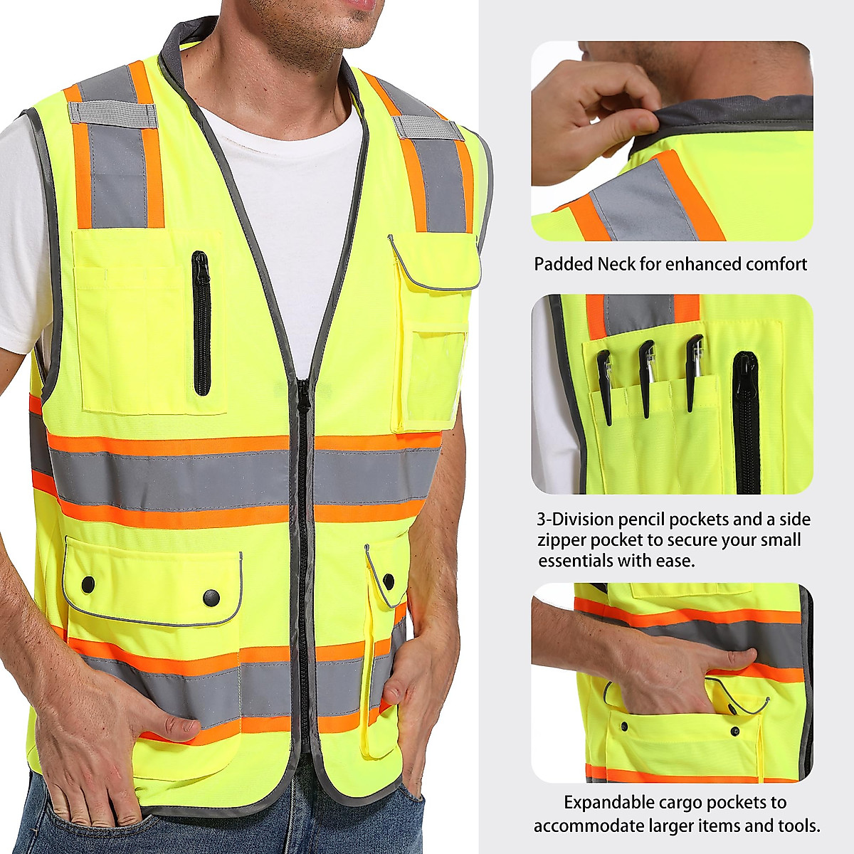 ArcRidge Reflective Safety Vest for Men and Women - High Visibility Construction Vest - Dual Tone Reflective Strips (Yellow, Large)