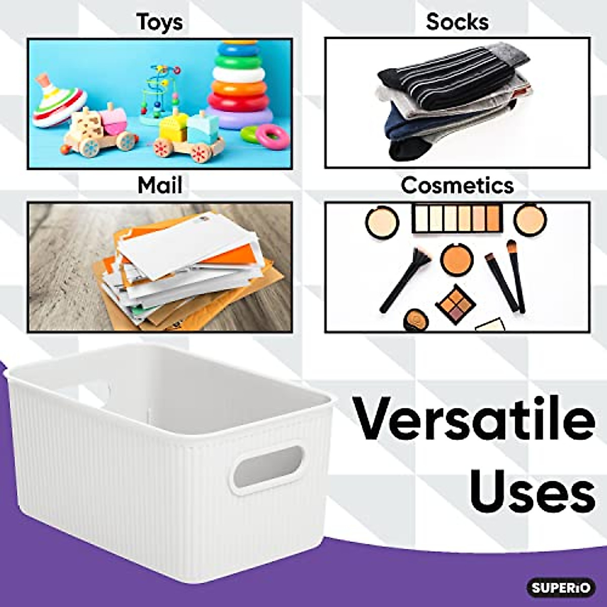 Superio Decorative Plastic Lidded Home Storage Bins Organizer Baskets, Medium White (1 Pack - 5 Liter) Stackable Container Box, for Organizing Closet Shelves Drawer Shelf - Ribbed Collection