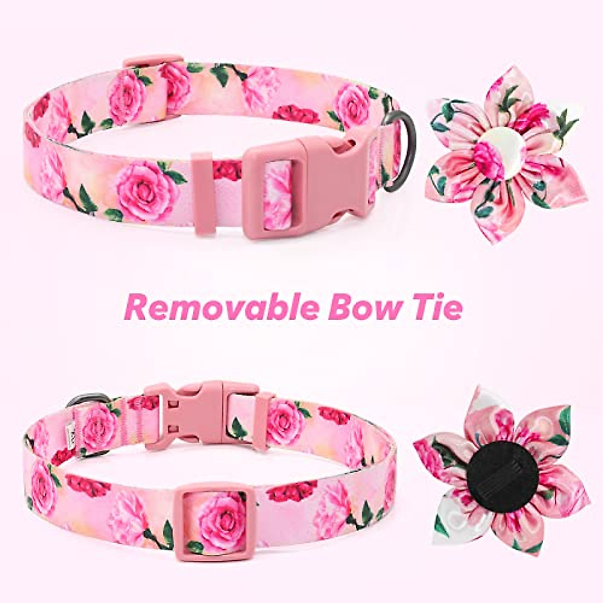 Pink Dog Collar Floral Girl Dog Collar with Rose Flower Bow Tie Dog Collar for Cute Girl Female Cats Dogs Spring Summer Season Dog Collar for Puppy Small Medium Large Dogs Best Gift for Your Furbaby