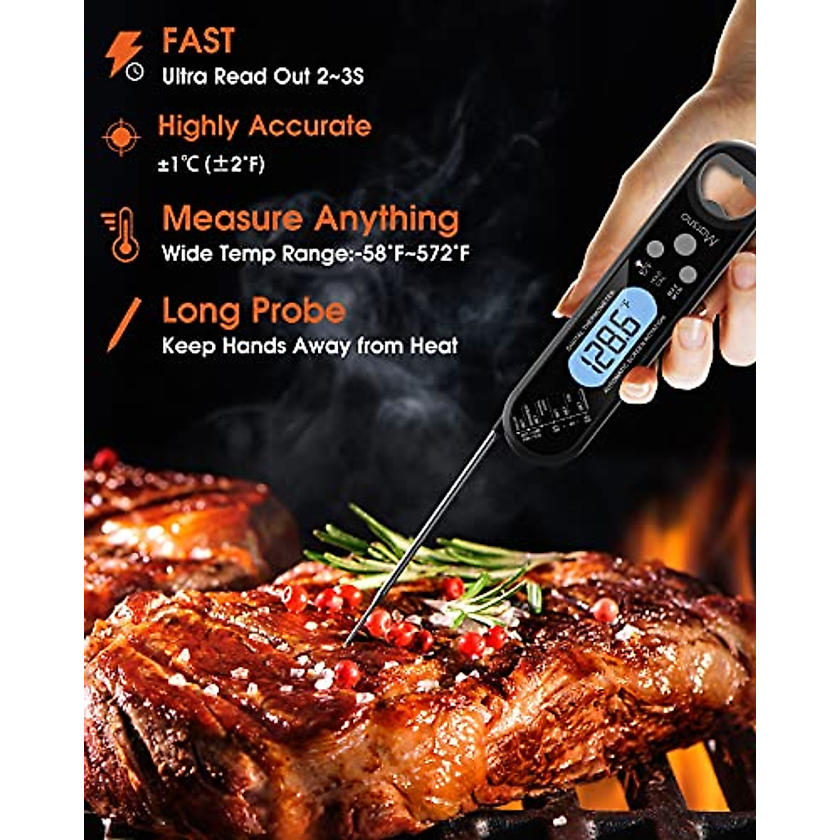 Meat Thermometer,Instant Read Meat Thermometer for Cooking, Fast & Precise Digital Food Thermometer with Backlight, Magnet, Calibration, and Foldable Probe for Deep Fry, BBQ, Grill, and Roast Turkey.