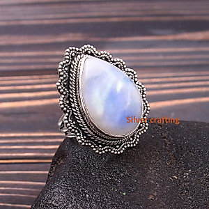 Queen look rainbow moonstone Bohemian ring gemstone 925 sterling silver ring Silver band jewelry (10.5)