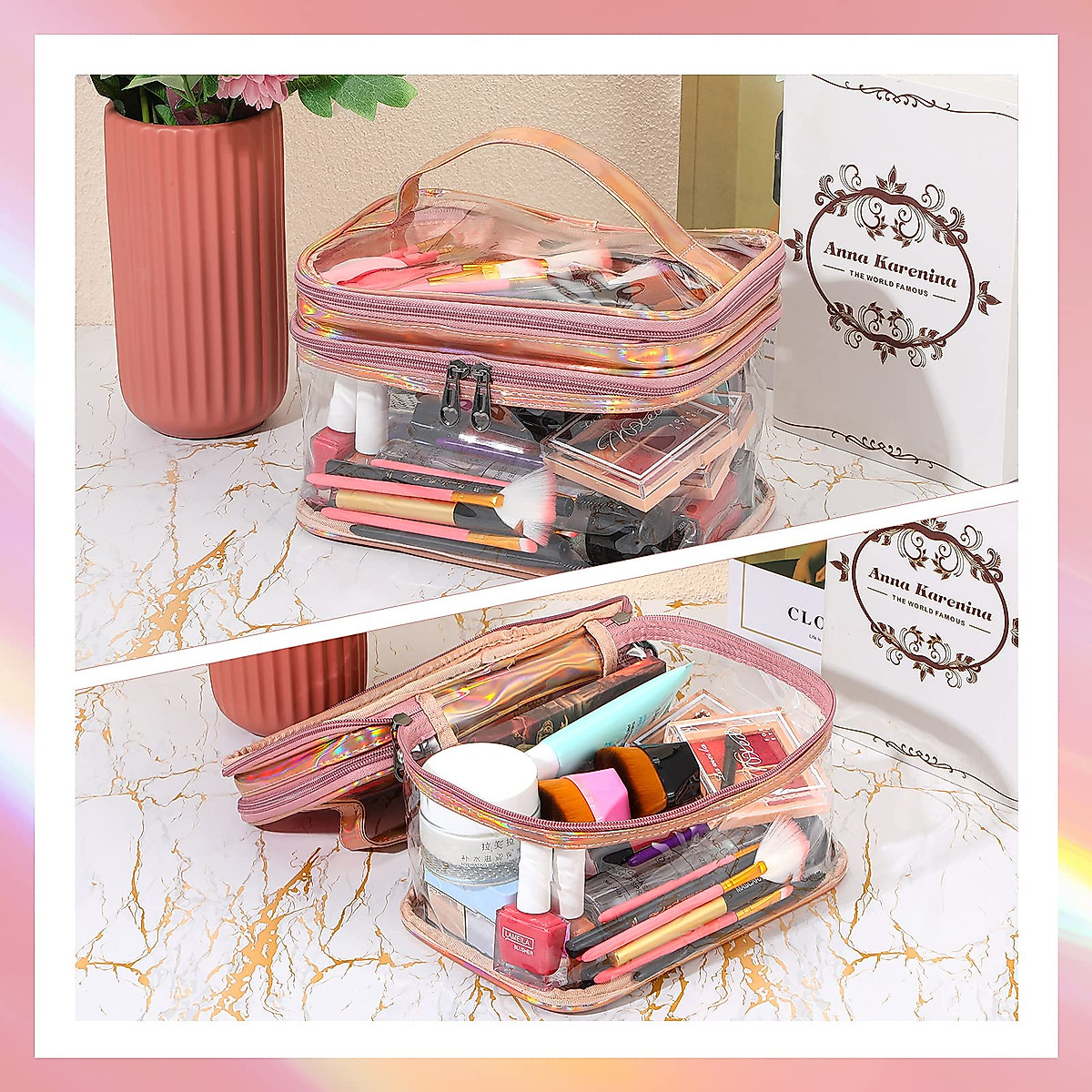 Clear Makeup Bag Toiletry Organizer Waterproof Large Makeup Bag Transparent Makeup Case Double Layer Cosmetic Bag Multi Function Travel Makeup Bag for Toiletries Makeup Travel Portable, Pink