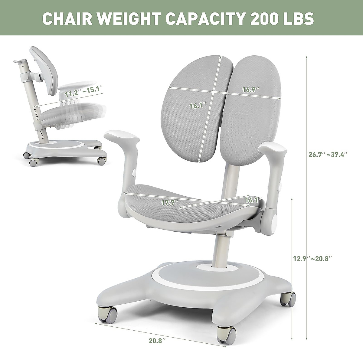 COSVALVE Adjustable Comfy Study Chair for Ages 5-15 Years Old, Reading Chair for Bedroom with Height and Depth Adjustable, Foldable Armrest, Auto Sit-Locking Wheels, for Girls Boys (Grey)