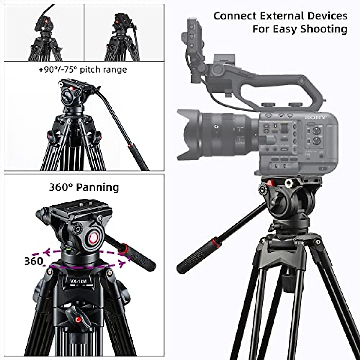 VILTROX VX-18M Professional Heavy Duty Video Camcorder Tripod with Fluid Drag Head and Quick Release Plate, 74" inch,Max Loading 10KG, with Carrying Bag,Horseshoe Shaped Bracket