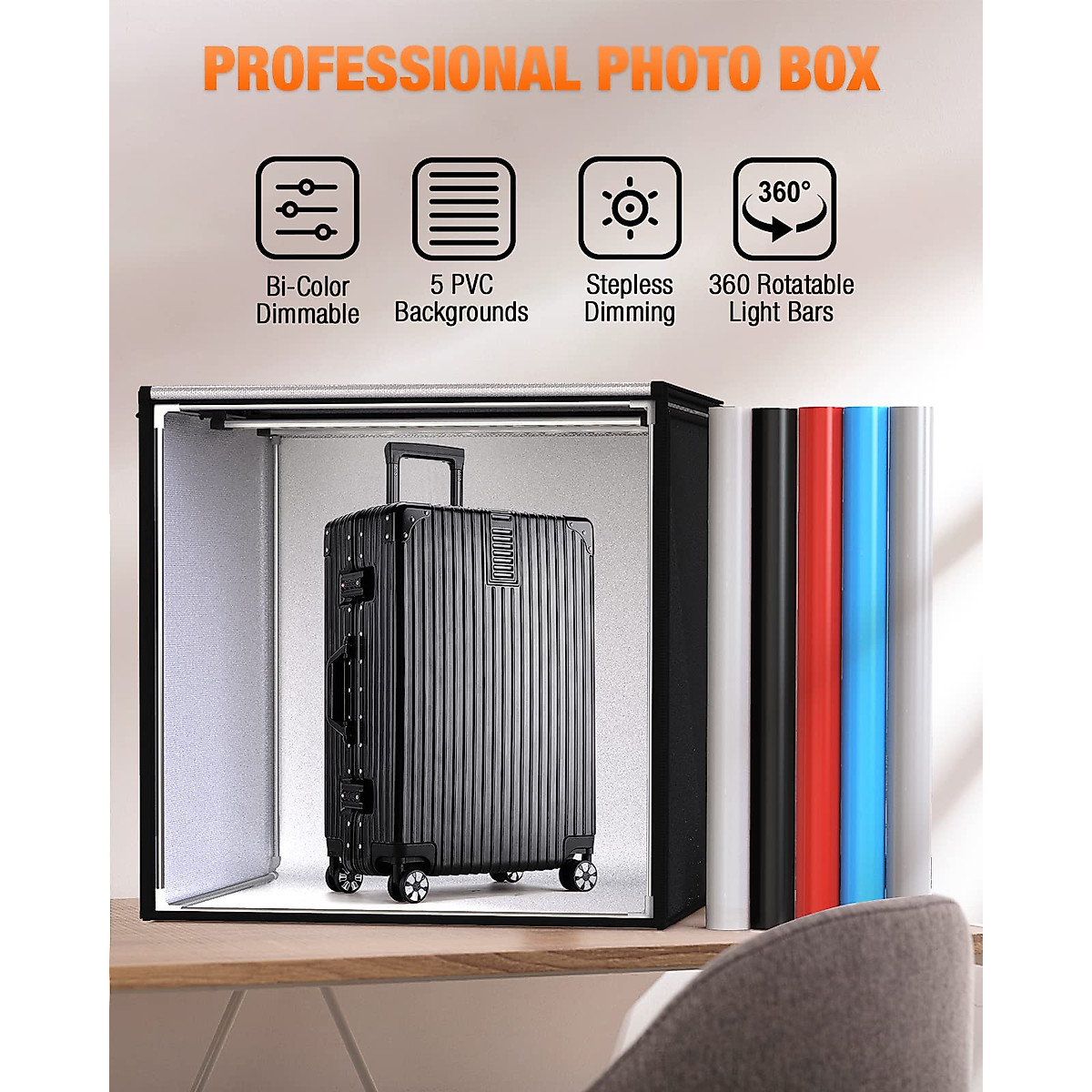 FOSITAN Bi-Color Dimmable Photo Light Box Kit, 32x32 inch/80x80 cm Photo Studio Photography Photo Box Kit 2 Led Light Bars 252 LED Light Beads Tabletop Professional Shooting Tent with 5 Backdrops