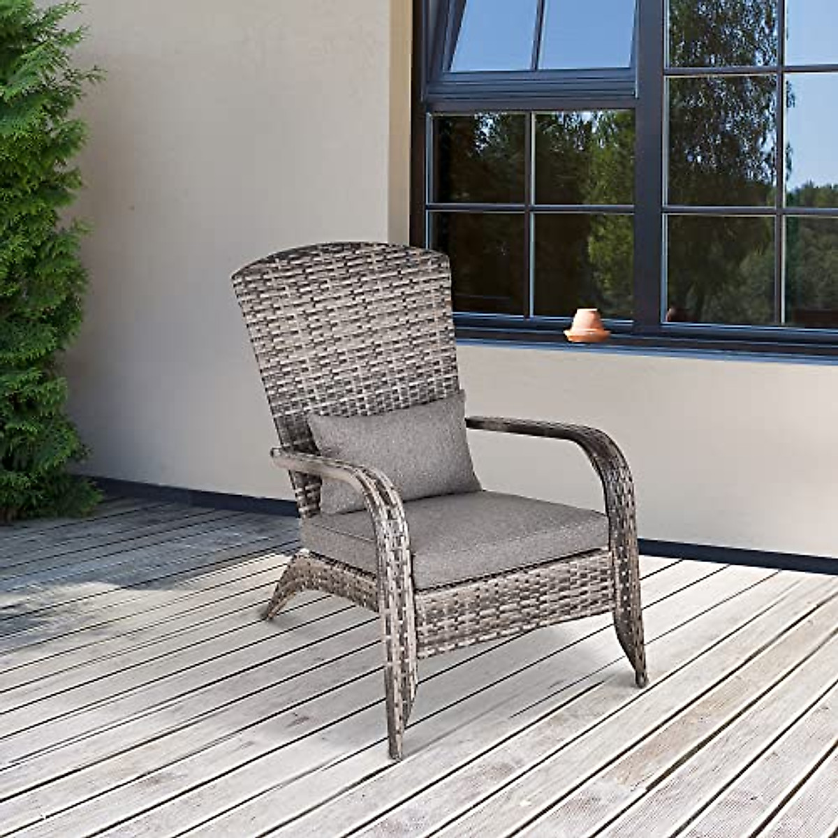 Outsunny Patio Wicker Adirondack Chair, Outdoor All-Weather Rattan Fire Pit Chairs w/Soft Cushions, Tall Curved Backrest, and Comfortable Armrest for Deck or Garden, Grey