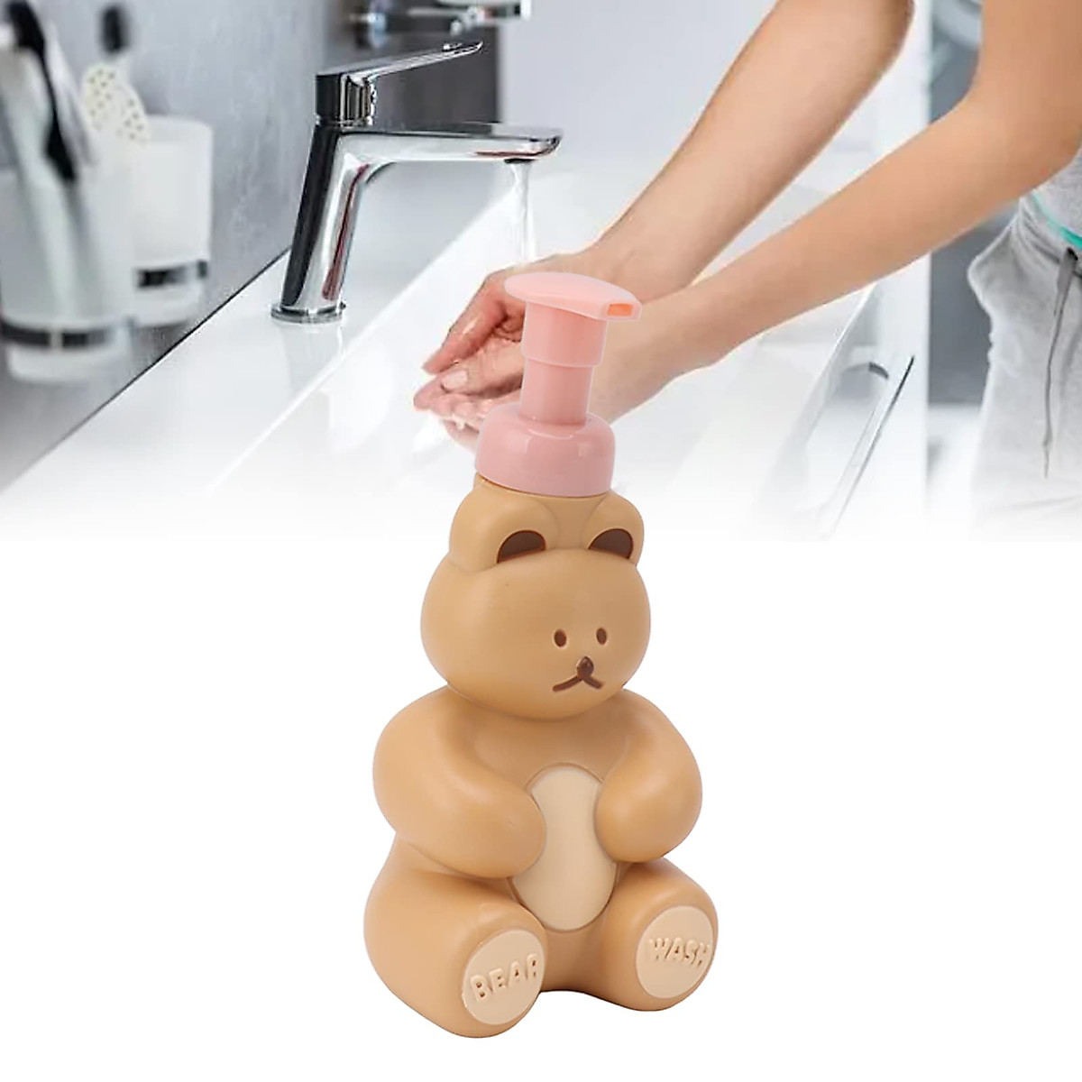 Empty Liquid Hand Dispenser Bottle Cartoon Bear Shape Shower Container Pump Bottle for Hand Washing (Large Milk Tea Color)