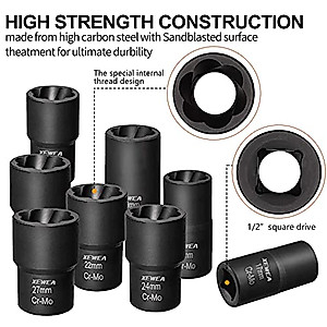 XEWEA 9PCS Bolt Nut Extractor Set, 1/2" Drive Impact Lug Nut Remover Socket Tool, Wheel Lock Removal Kit, Easy Out Extractor Set for Damaged, Frozen, Rusted, Rounded-Off Bolts Nuts & Screws