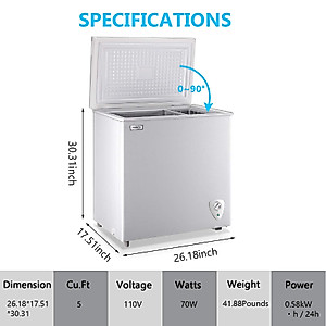 Chest Freezer 5.0 Cu.Ft Black Compact Freezer, Manual Defrost Deep Freezer with Storage Basket, Space-Saving Flat Back, Stay-Open Lid, Side-Access Drain for Home Basement Cottage Business