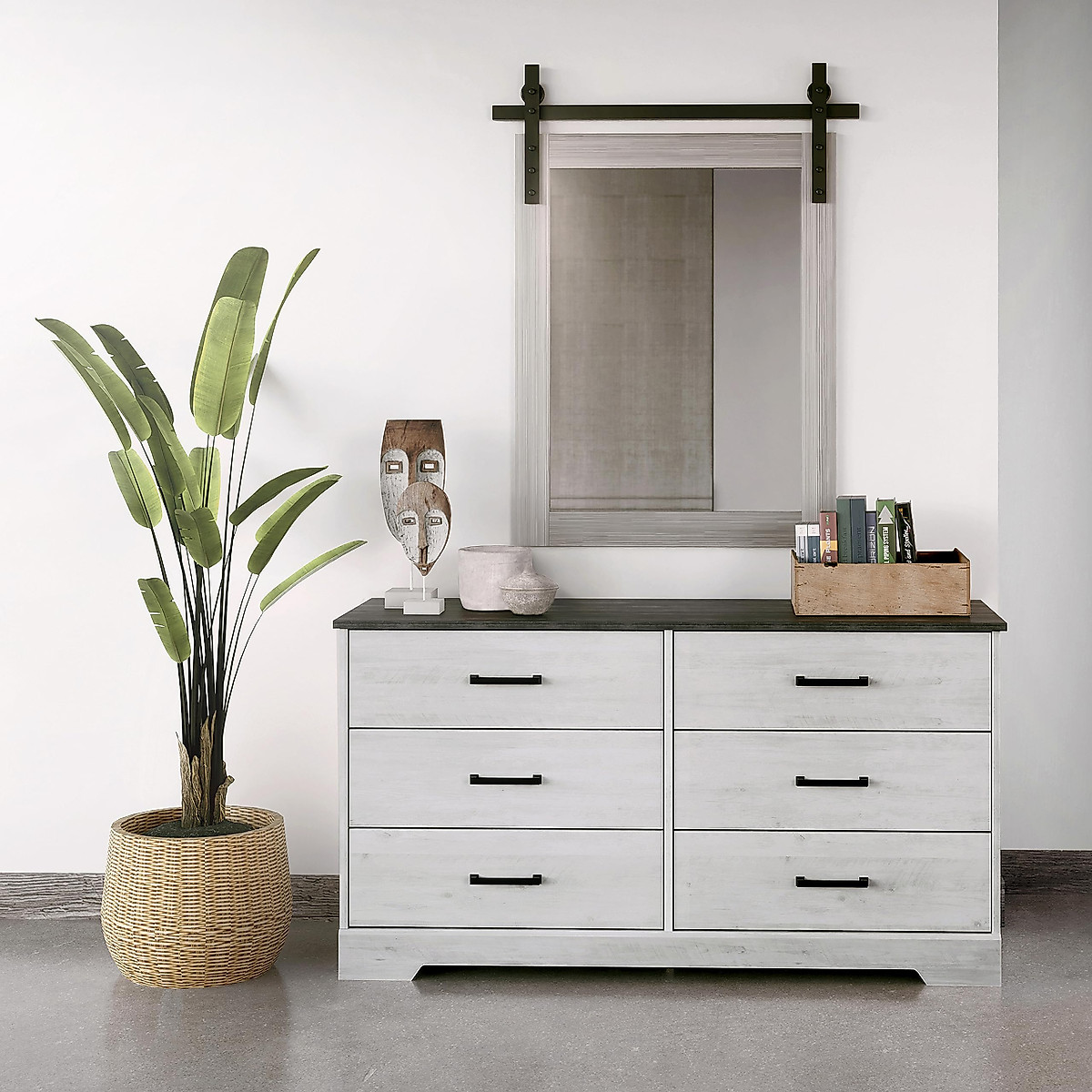 Prepac Rustic Ridge Farmhouse 6-Drawer Chest of Drawers for Bedroom, Wooden Bedroom Drawer Dresser with 6 Storage Drawers, 18.25in x 53.25in x 28.5in, Washed White, ADBR-1606-1