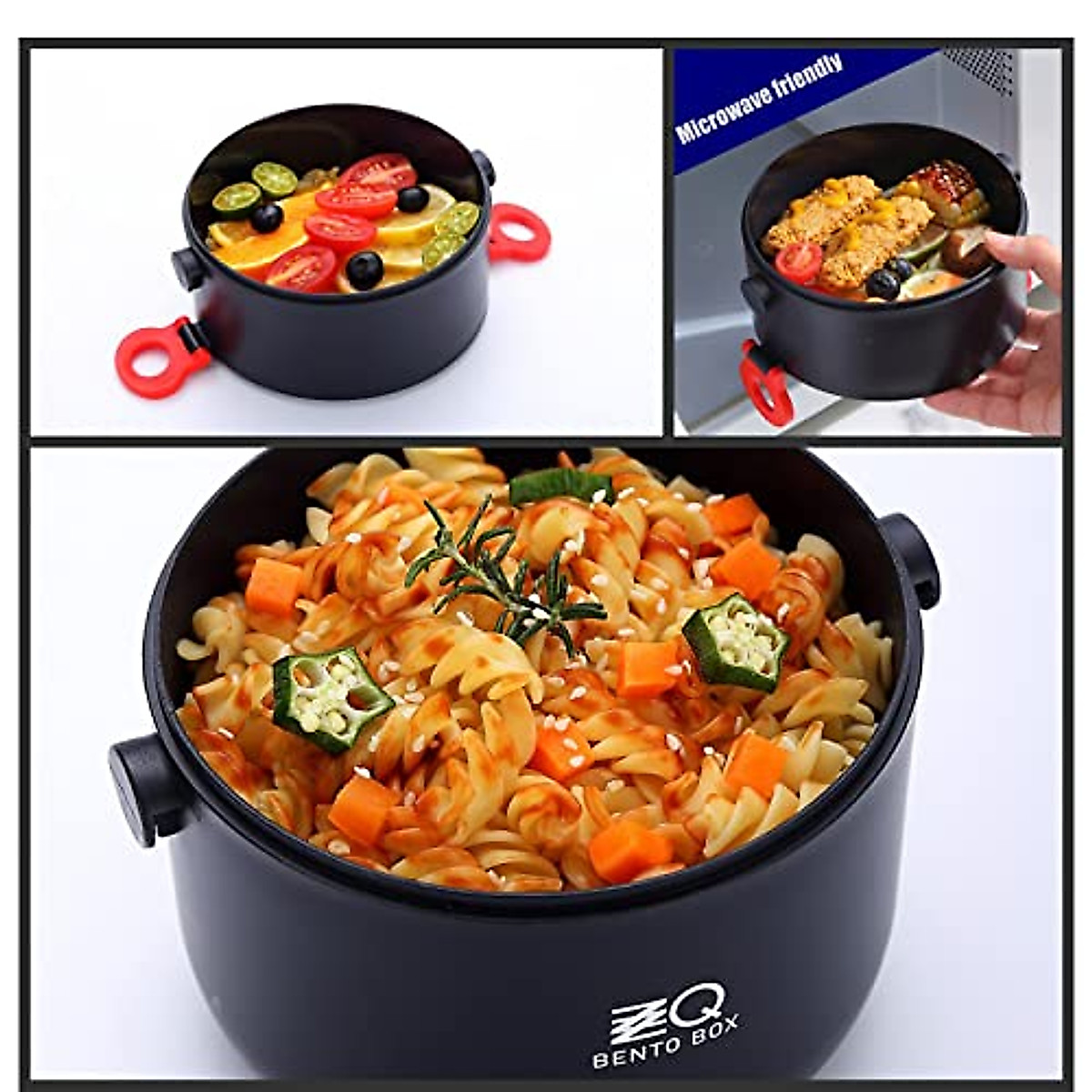 ZZQ Bento Box Adult Lunch Box with Bag/Utensil, Stackable Large 81-oz Salad Bowl - Microwave Safe/Leak-Proof Bpa Free Lunch Containers for On-the-Go Balanced Eating - Black