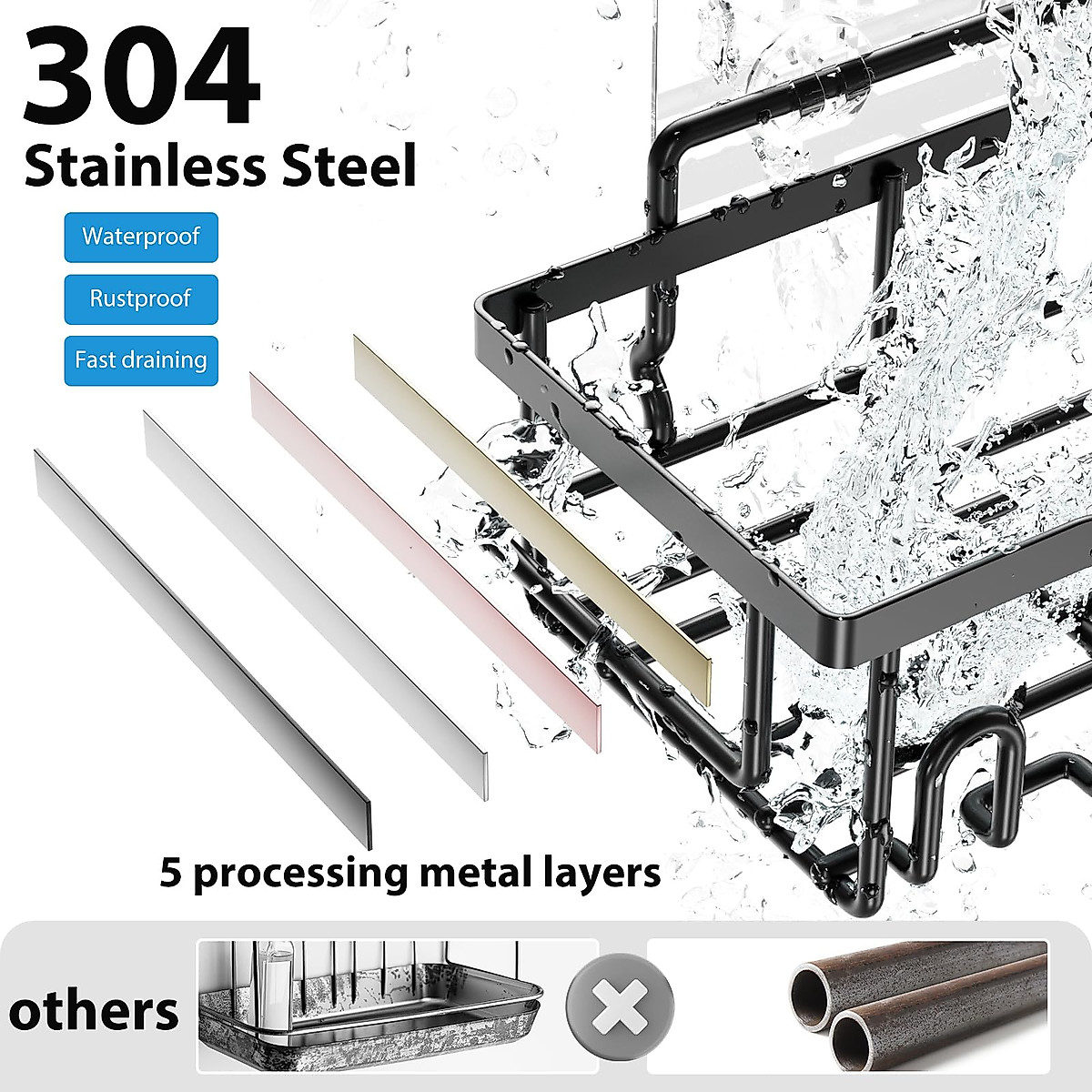 kitims Adhesive Shower Caddy, 5 Pack Shower Organizer Hanging with Large Capacity Stainless Steel Shower Organizers and Storage Rustproof Shower Shelf for Inside Shower, No Drilling, Black