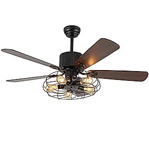 OUKANING Retro Industrial Ceiling Fan Light 52 Inch 5-Lights E27 Fixture for Restaurant Living Room Bedroom Create Iron Cage Rustic Style (52" Retro Industrial) (Retro Industria Cage)