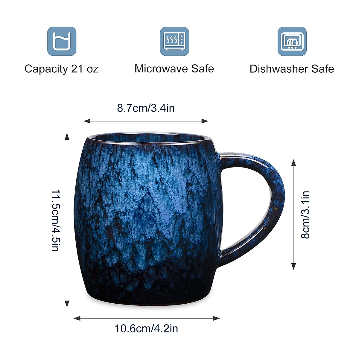 Otevymu 21 Oz Large Ceramic Coffee Mug, Handmade Pottery Big Tea Cup for Office and Home, Big Handle Hot and Cold Drinking, Microwave and Dishwasher Safe, Unique Texture Glaze (Deep blue)