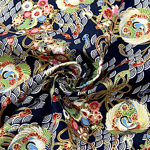 Japanese Fabric,Asian Fabric Squares 6 PCS,6 Different Black Japanese Wrapping Cloth Fish Floral Red Crowned Crane Patterned Fabric Bundles 19.6 x 15.8 Inch for Sewing Furoshiki Wrapping Artcraft DIY