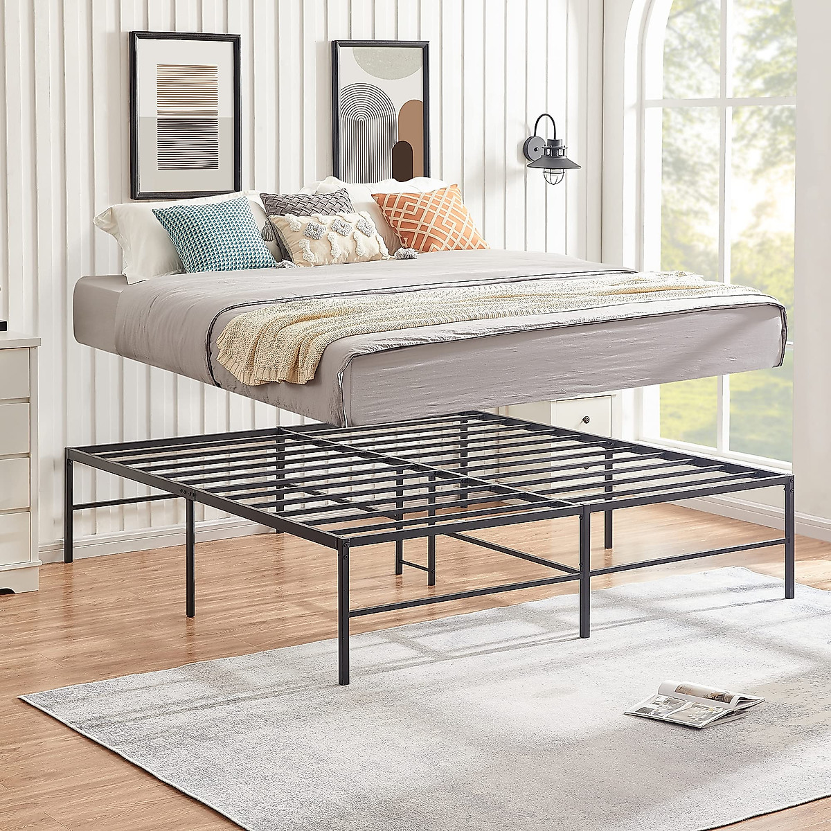 VECELO 18" Metal Platform Tall Bed Frame,Mattress Foundation/No Box Spring Needed/Heavy Duty Steel Slat Support (King Size)