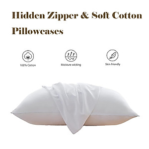 Bedemu White Pillow Cases Set of 2 with Invisible Zipper, 100% Cotton Pillow Protectors with 600 Thread Count, Cooling & Breathable Pillow Case for Hot Sleepers, Standard Size 20 x 26 Inches, 2 Pack
