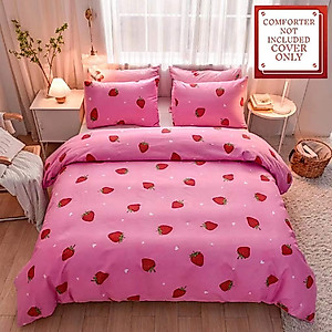 Lightweight Hotel Luxury Duvet Cover 3 Piece Set-Kids Kawaii Cute Fruit Strawberry Ultra Soft Premium Microfiber Breathable Comforter Cover with Zipper Closure, Corner Ties Full/Queen (90x90 inches) …