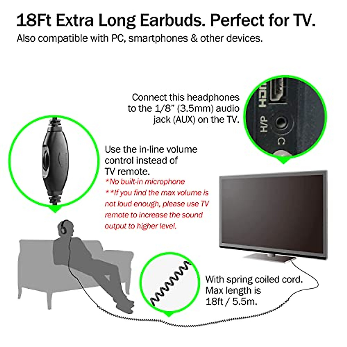 C G CHANGEEK Extra Long Cord Headphones for TV & PC with Volume Control, 18 Feet / 5.5M Extension Spring Coiled Cord, Universal 3.5mm AUX Audio, Wired Over Ear Stereo Headset, CGS-W6