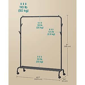SONGMICS Clothes Rack, Clothing Rack for Hanging Clothes with Wheels, Heavy Duty Garment Rack, Metal Frame, 110 lb Max. Total Load, 40.7 Inches Wide, Clothes Storage and Display, Black UHSR131B01