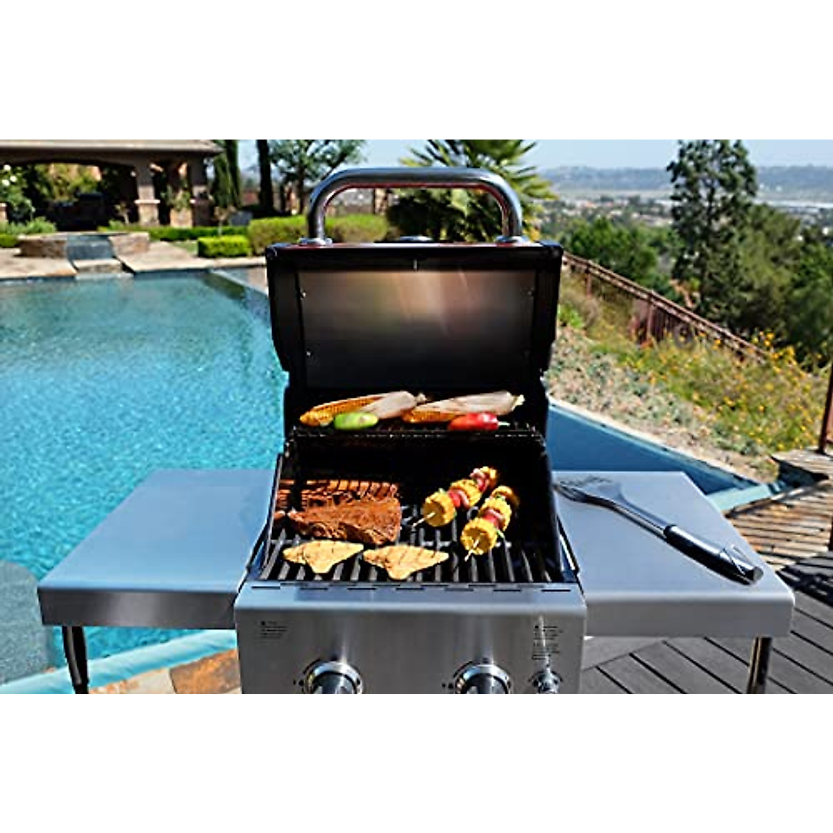 Permasteel 2-Burner Gas Grill | Cast Iron Cooking Grates, Grilling Tools Holder, Foldable Sides, PG-A40201-RD, Cabinet Style, 22000 BTUs – Red