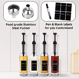 MSTCMZP Coffee Syrup Dispenser for Coffee Bar Accessories Coffee Pump Dispenser, Glass Syrup Bottle with Pump and Labels, 350 ml, Set of 4 Black