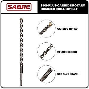 Sabre Tools 4-Piece 12 Inch SDS Plus Drill Bit Set, Carbide Tipped, Rotary Hammer Drill Bits for Brick, Stone, Concrete (5/8in x 12in, 3/4in x 12in, 7/8in x 12in, 1in x 12in)