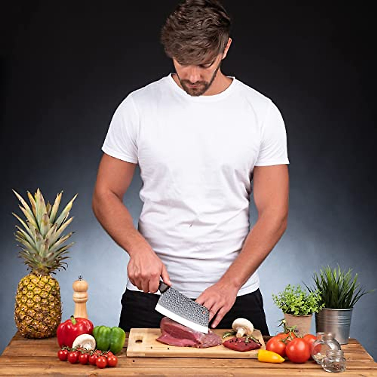 Meat Cleaver Gift Set, Sharpener and Anti-Cut Gloves, 7.5 Inch Fully Forged Cleaver Knife for Meat Cutting, Vegetables Chopping and Slicing, Full Tang Vegetable Cleaver, Ergonomic Riveted Wood Handle