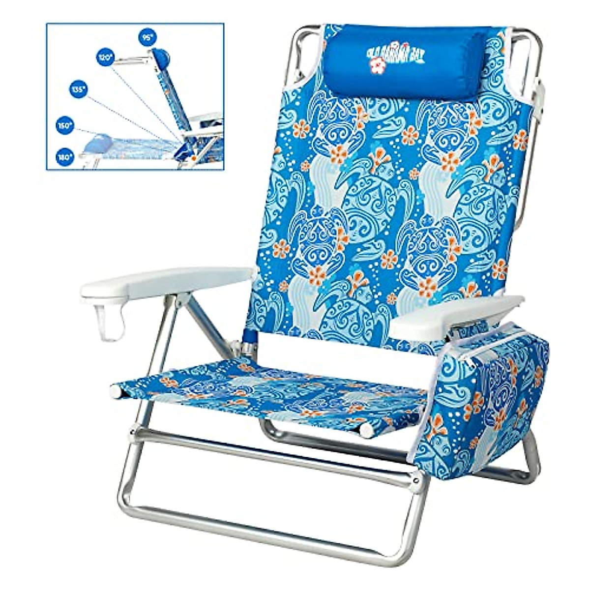Old Bahama Bay Reclining Beach Chair Backpack 5-Position Lay Flat Lounge Chair for Adults Heavy Duty Portable Folding Lightweight with Cooler Bag Camping Chair for Sand Outdoor Blue
