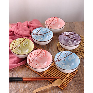 WHJY Cherry Bloom Chinese Japanese Ceramic Rice Bowl 10 oz, Sakura Bowl Gift Set, Serving Bowls Dinnerware Bowls for Rice, Cereal, Noodle, Soup, Desserts, Set of 6