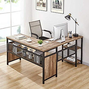FATORRI L Shaped Computer Desk, Industrial Office Desk with Shelves, Rustic Wood and Metal Corner Desk for Home Office (Rustic Oak, 59 Inch)