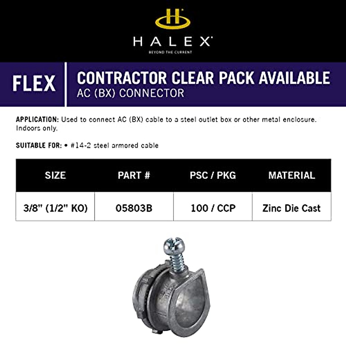 Halex – 3/8 Inch Flexible Metal Conduit (FMC) AC (BX) Connectors– 05803B – 100 Per Pack – Silver