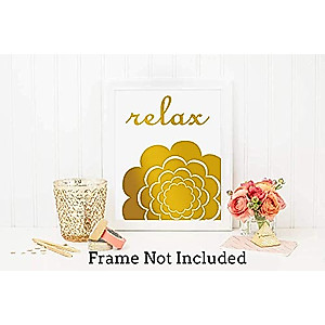 LHIUEM Gold and White Bathroom Pictures Wall Art Decor,Abstract Flowers Gold Foil Print,Set of 4 Soak Relax Unwind Quote and Saying Yellow Art Print for Bathroom Toilet Decor (8 X 10, UNframed)