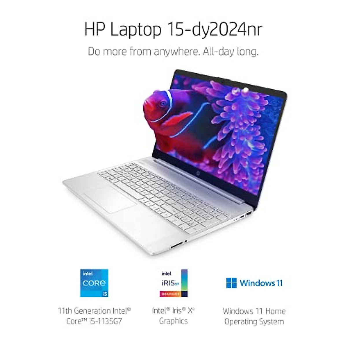 HP 15.6 Inch Laptop, Intel Iris Xe Graphics, 11th Generation Intel Core Processor, 8 GB RAM, 256 GB SSD, Windows 11 Home (15-dy2024nr, Natural silver)
