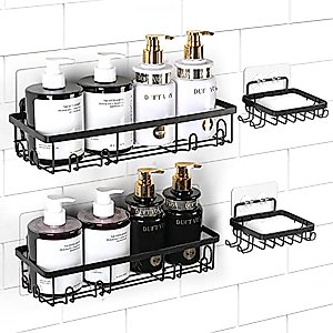 YiLiiod 4-Pack SUS304 Stainless Steel Black Shower Caddy Suction Cup, Bathroom Shower Organizer, Shower Shelf for Inside Shower, Shower Rack with Soap Holder