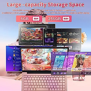 【Win 11 Pro/Office 2019】14" Laptop Narrow-Bezel FHD IPS 1920 x 1080 Display, 6G RAM,256GB SSD, Celeron J4105 CPU, Ultra-Thin and Portable, HDMI, 180 °Opening and Closing (6G+256GB SSD, Rose Gold)