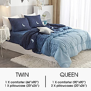 HYPREST Twin Comforter Set for Girls Boys,Star Moon Galaxy Soft Cute Twin Bed Comforter Sets, 2 Pieces Kids Teens Blue Lightweight Comforter Cooling Breathable (Oeko-Tex Certified)