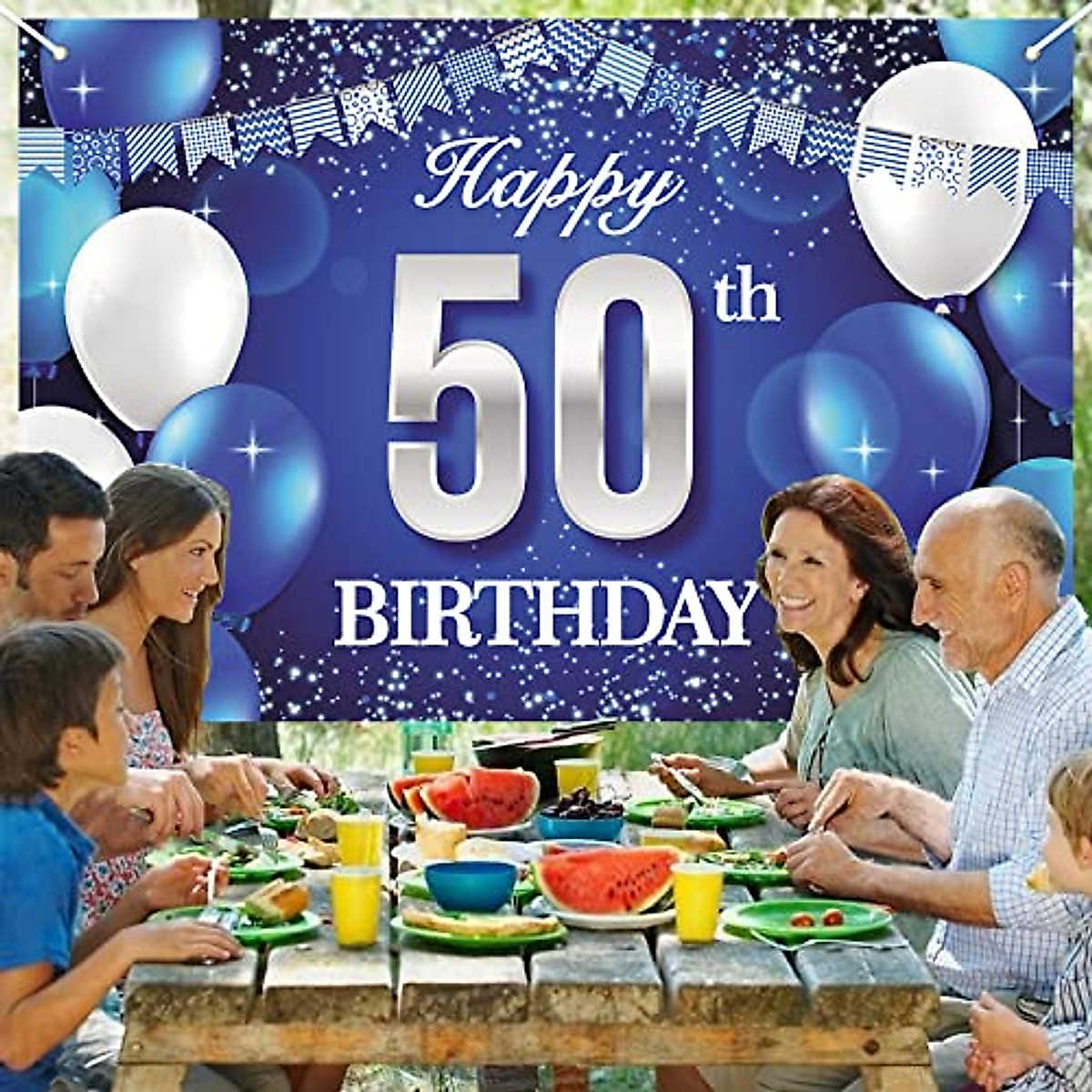 4 x 6ft Happy 50th Birthday Party Decorations Banner Blue and Silver - Cheers to 50 Years Anniversary Photo Booth Backdrop party Supplies for Girls and Boys
