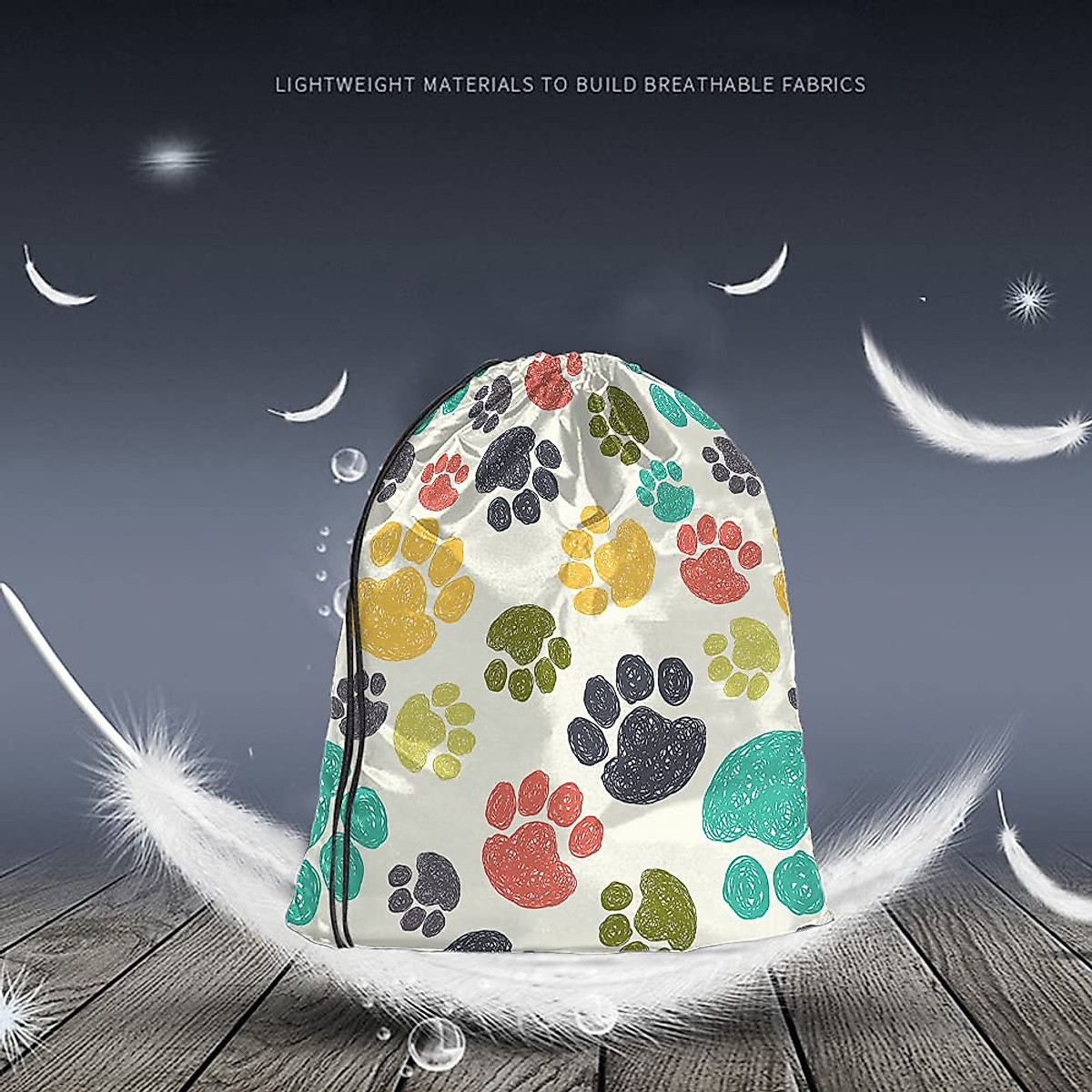 Beabes Paw Pattern Drawstring Bags Backpack Bag Cute Colorful Hand Drawn Doodle Prints Pet Puppy Footprint Drawing Sport Gym Sack Drawstring Bag String Bag Yoga Bag for Men Women